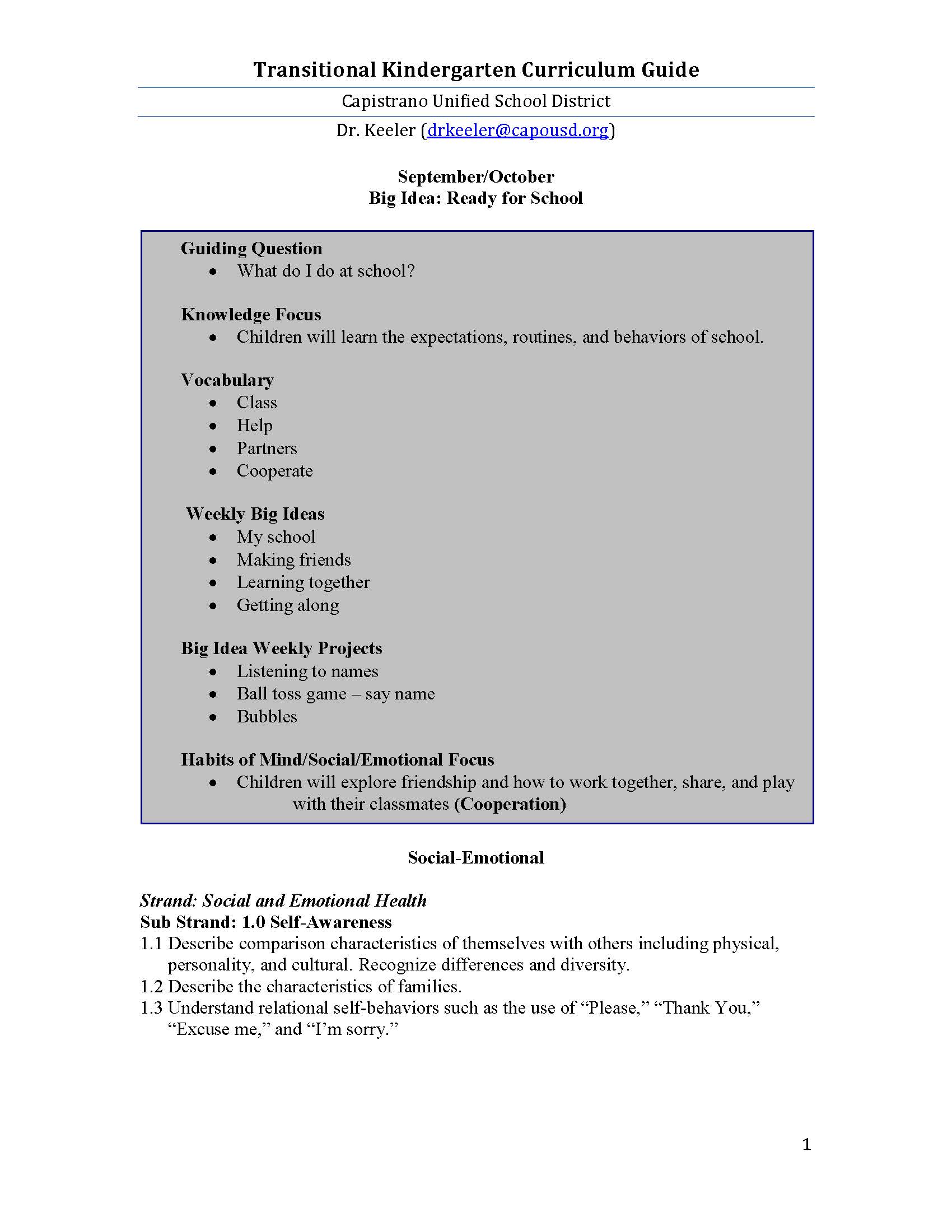 Transitional Kindergarten Curriculum Guide Standards California 